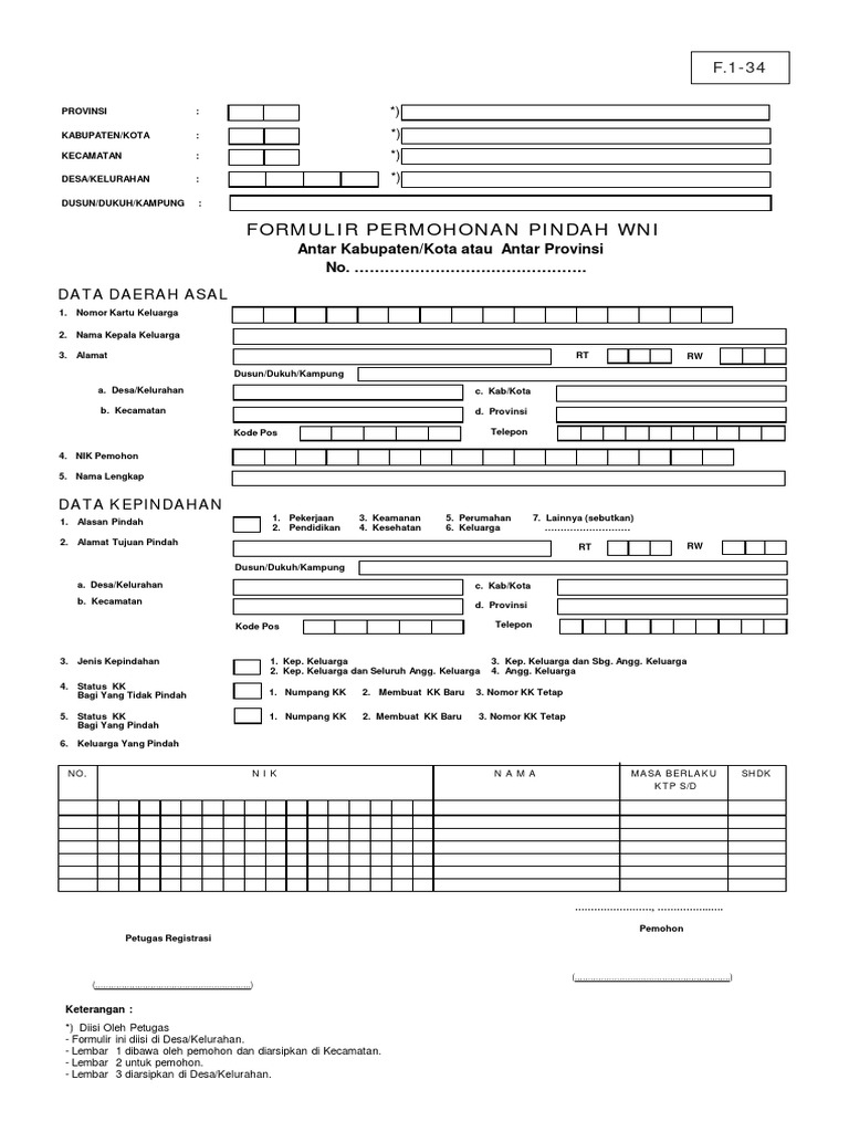 F-1.34 Formulir Permohonan Pindah Wni Antar Kabupaten Kota Atau Antar ...