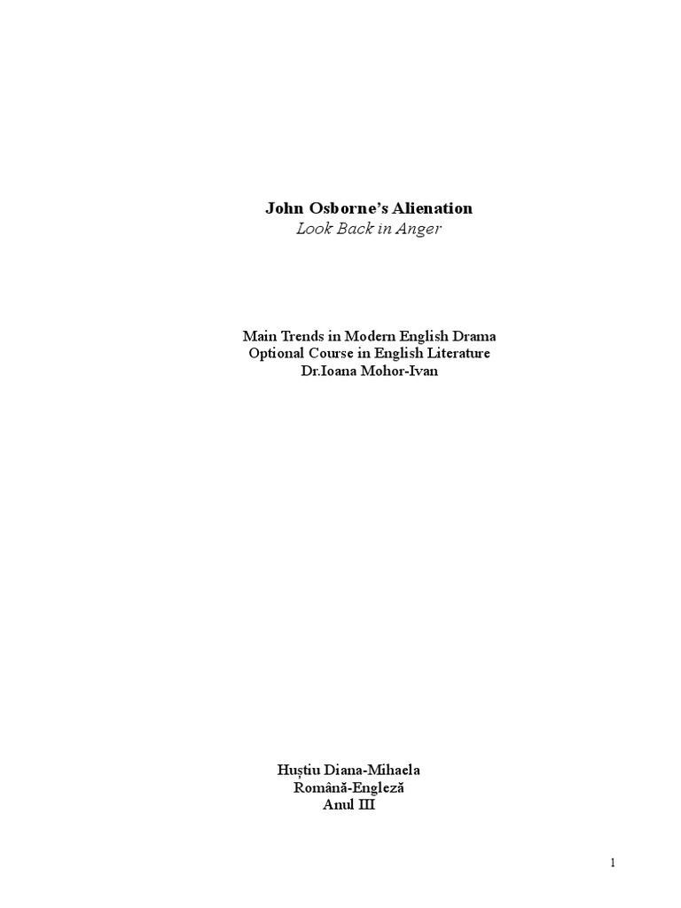 John Osborne's Look Back in Anger Analysis | PDF | Theatre ...
