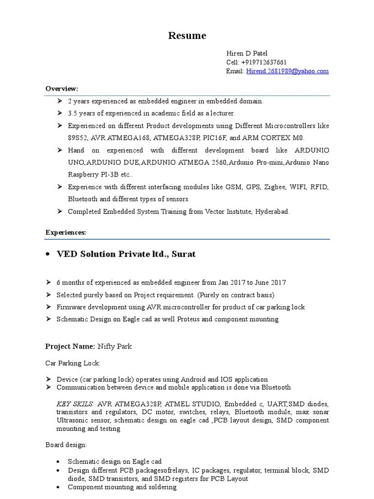 Hiren EmbeddedEng Resume | PDF | Arduino | Embedded System
