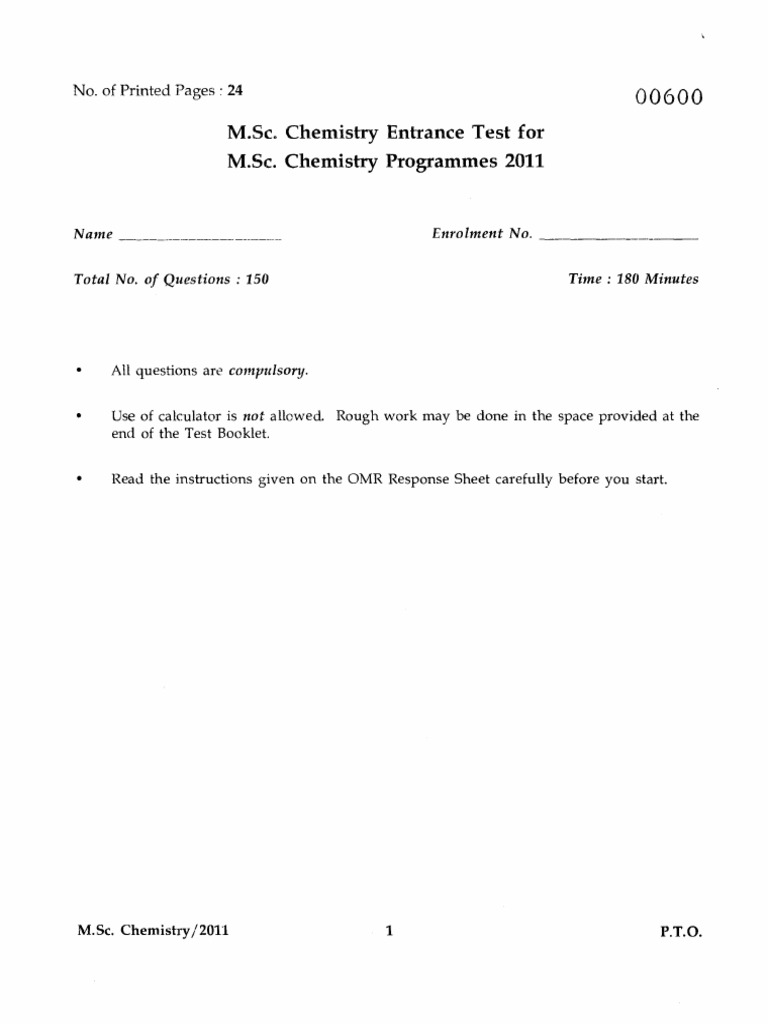 IGNOU M.SC Chemistry Entrance Question Paper PDF | PDF | Gases ...