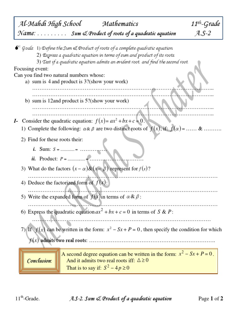 A s-2 Sum Product of Roots of A Quadratic Equation | PDF | Equations ...