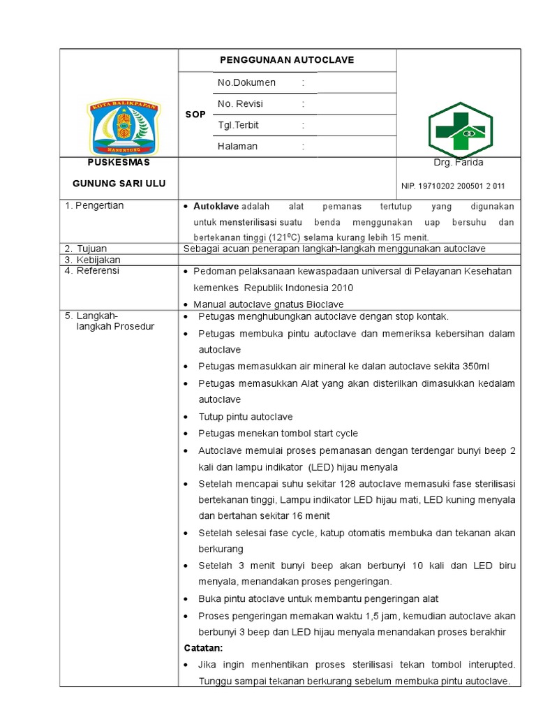 Prosedur Penggunaan Autoclave di Puskesmas | PDF