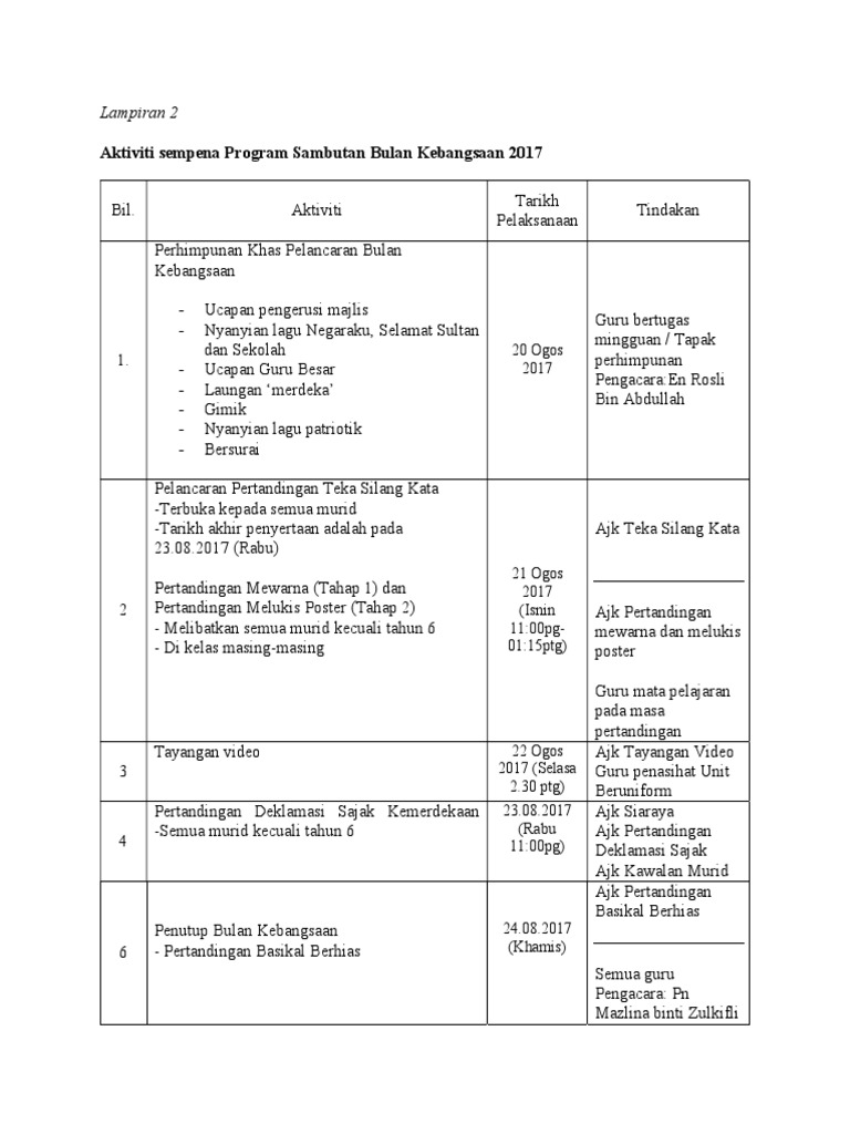 Senarai Ajk Dan Aktiviti Bulan Kebangsaan 2017 | PDF