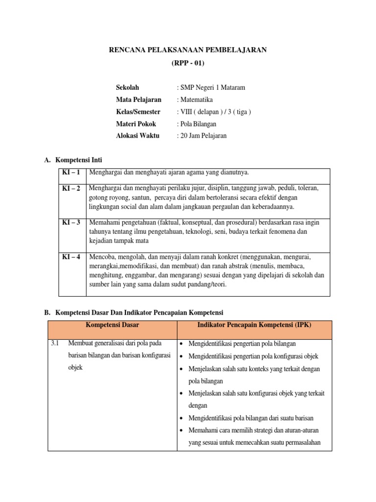 RPP Matematika Kelas 8: Pola Bilangan | PDF | Komputer