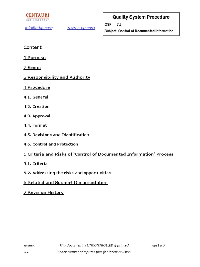 Control of Documented Information QSP 7.5 | PDF | Quality Management ...