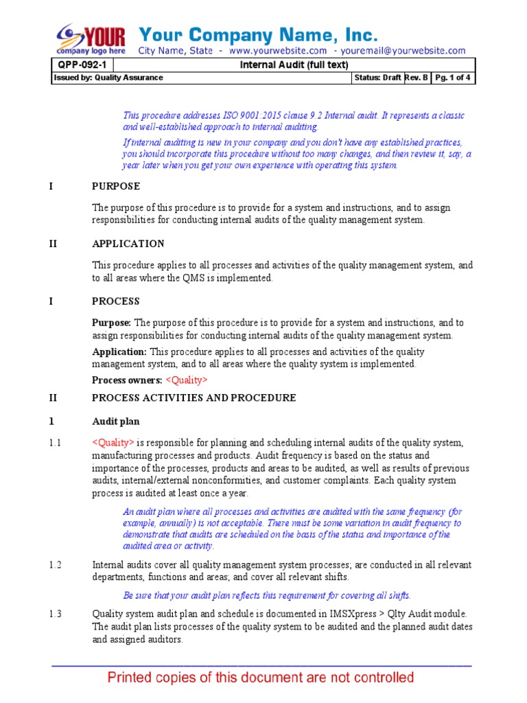 ISO 9001 Process Procedure QPP-092-1 Internal Audit | Internal Audit ...