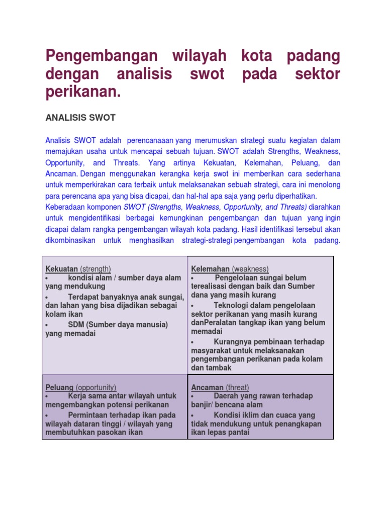Pengembangan Wilayah Kota Padang Dengan Analisis Swot Pada Sektor ...