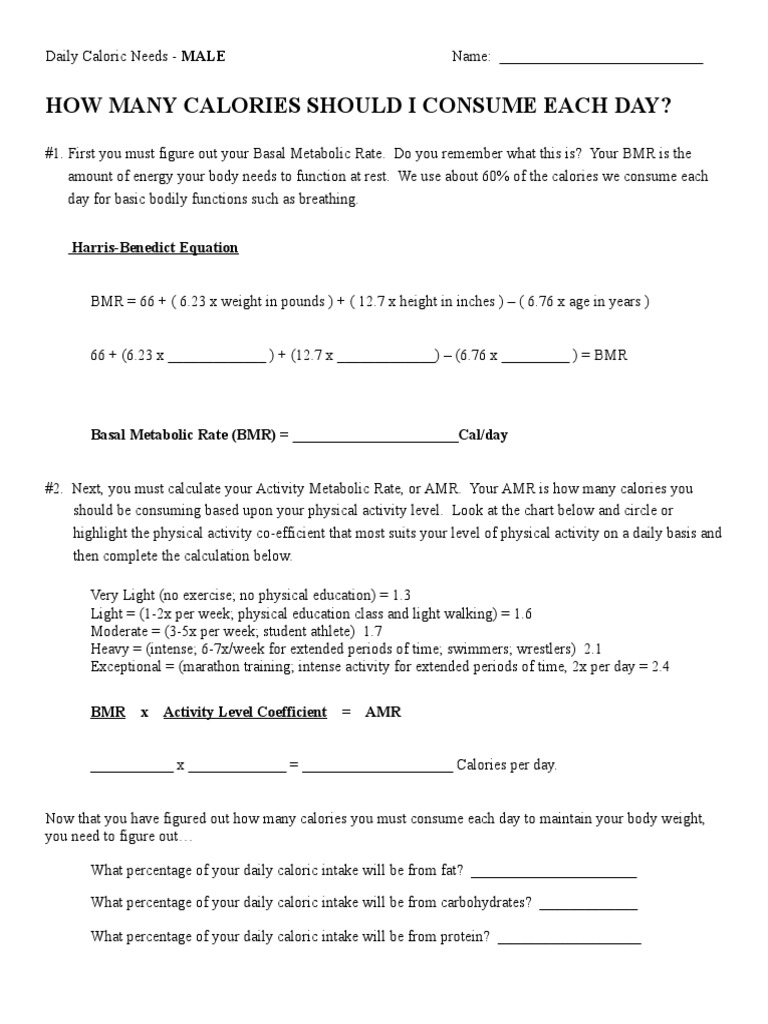 Daily Caloric Needs Worksheet1 | PDF | Calorie | Food Energy