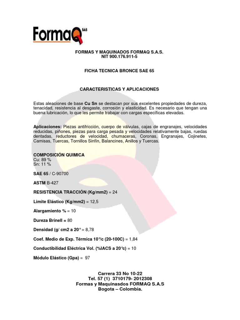 Ficha Técnica del Bronce SAE 65 | PDF | Hogar, jardinería y bricolaje ...