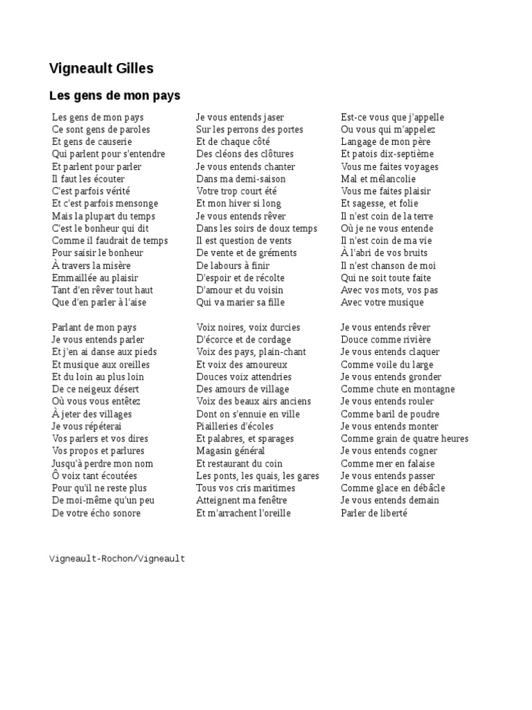 Les gens de mon pays - Gilles Vigneault | PDF | Études des langues ...