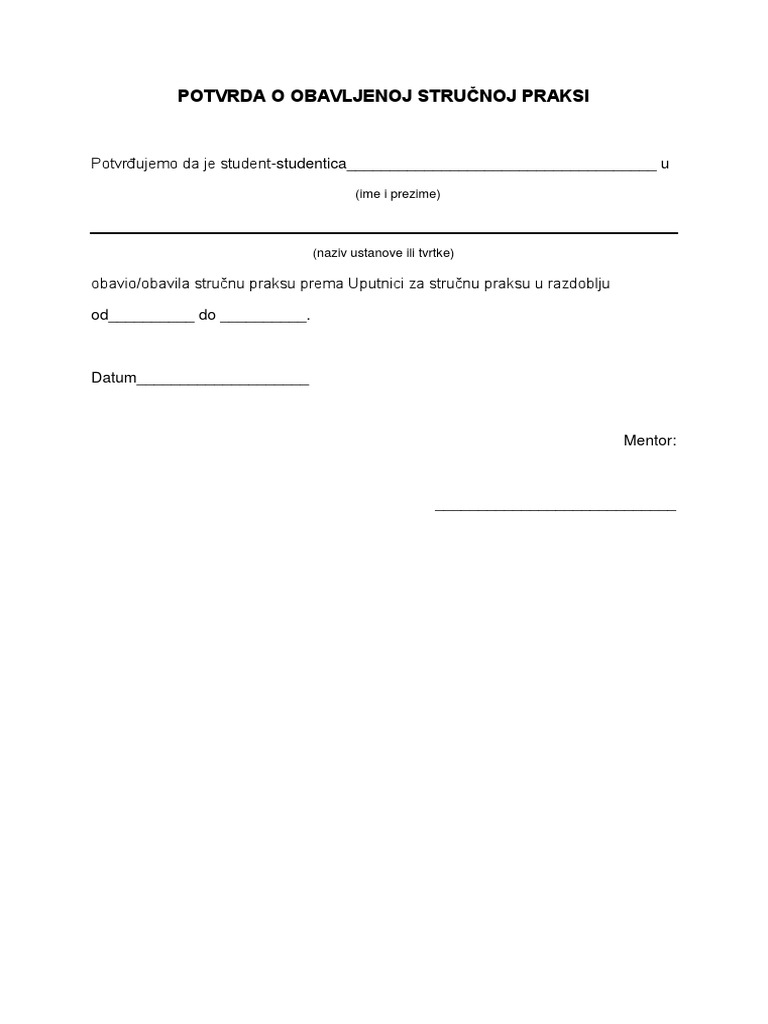 49potvrda o Obavljenoj Stručnoj Praksi | PDF