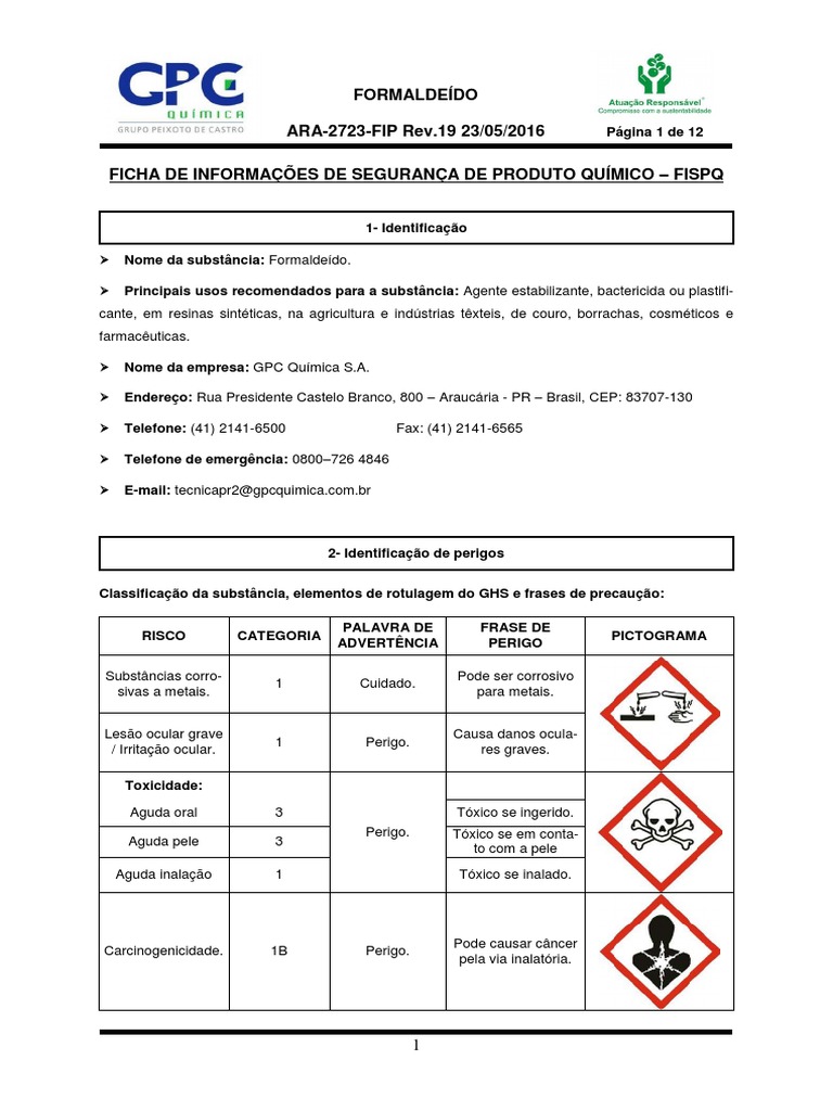 FISPQ_Formaldeido | Formaldeído | Materiais