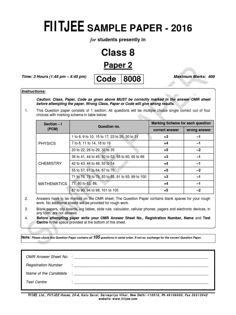 FIITJEE Big Bang 2016 Paper 2 Class 8 Sample | Rectangle | Force