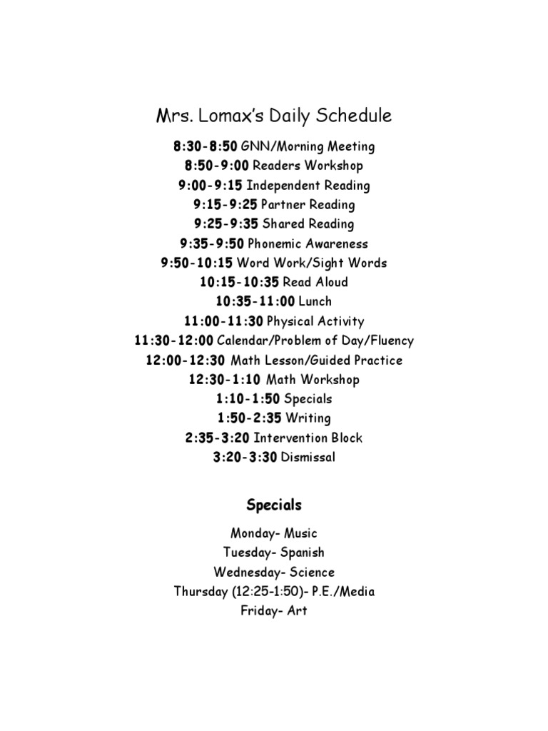 Mrs. Lomax's Daily Class Schedule | PDF