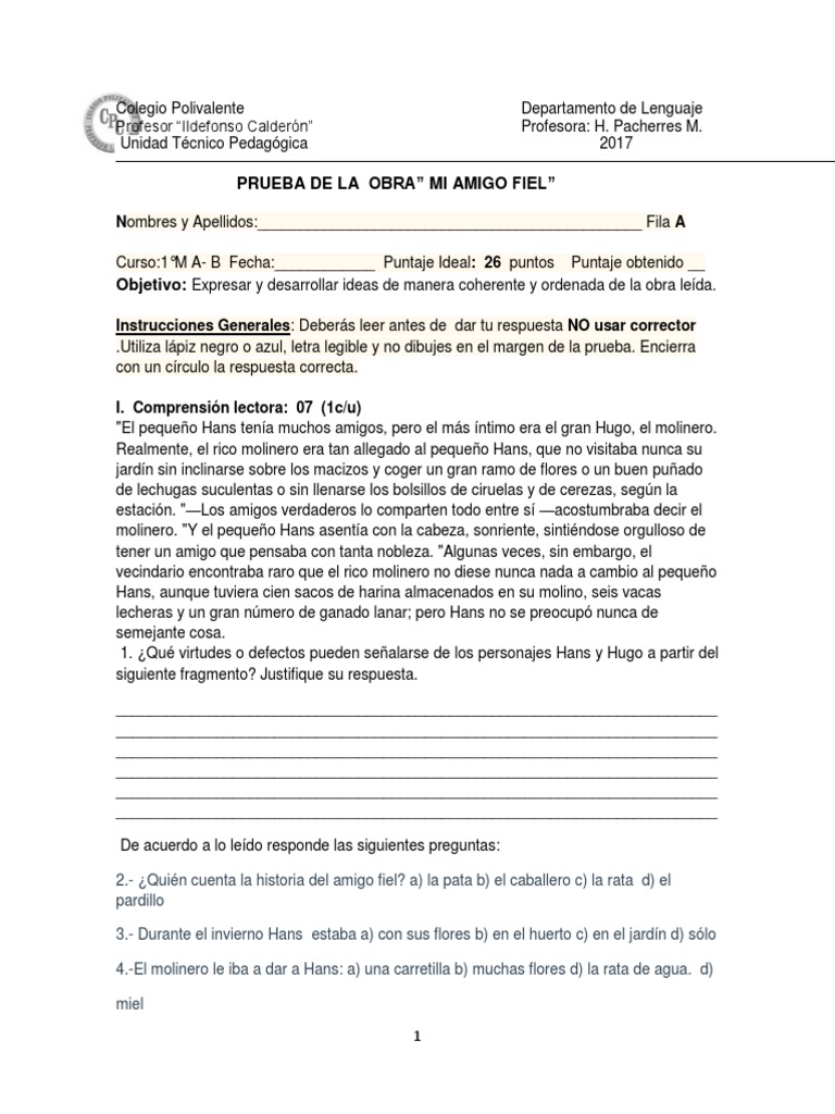 Prueba de "Mi Amigo Fiel" | PDF | Artes del Lenguaje y Comunicación ...
