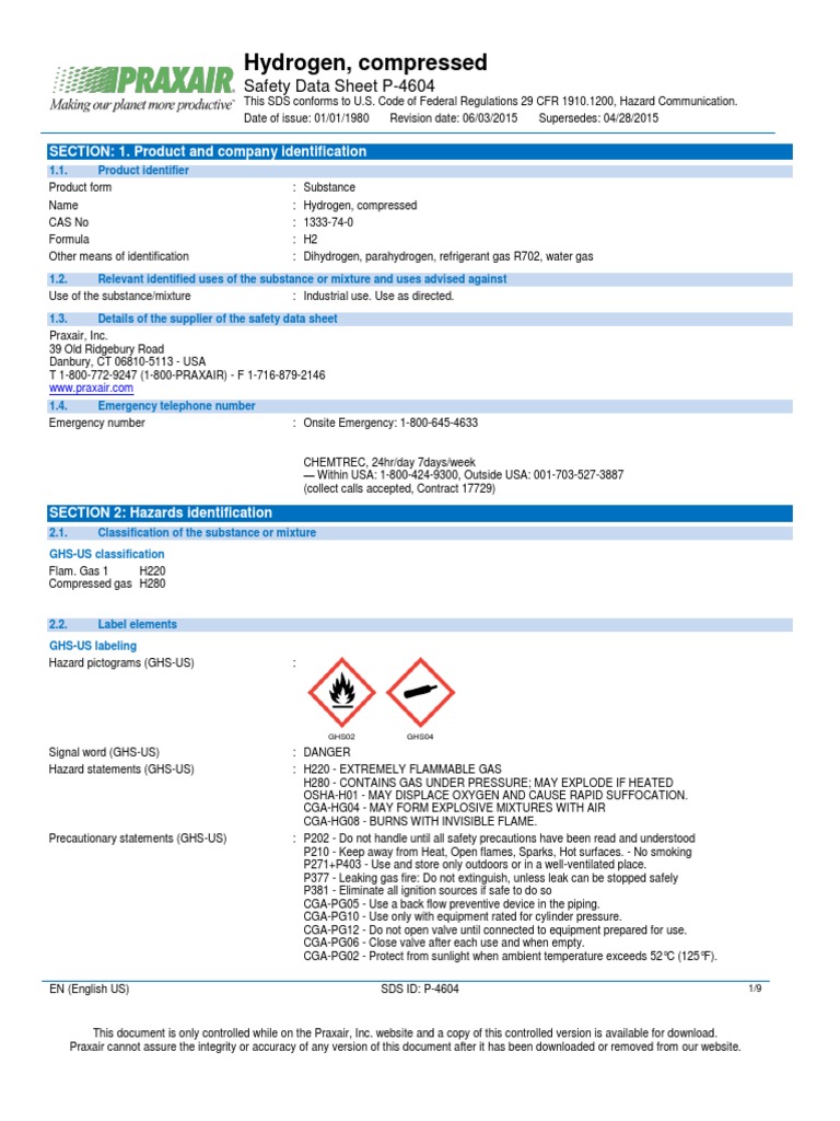 Hydrogen, Compressed: Safety Data Sheet P-4604 | PDF | Firefighting ...