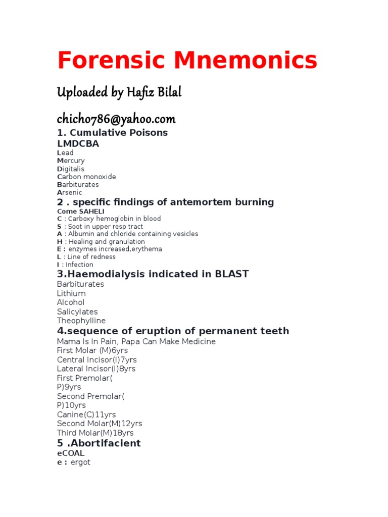 Forensic Med Mnemonics | PDF | Medical Specialties | Clinical Medicine