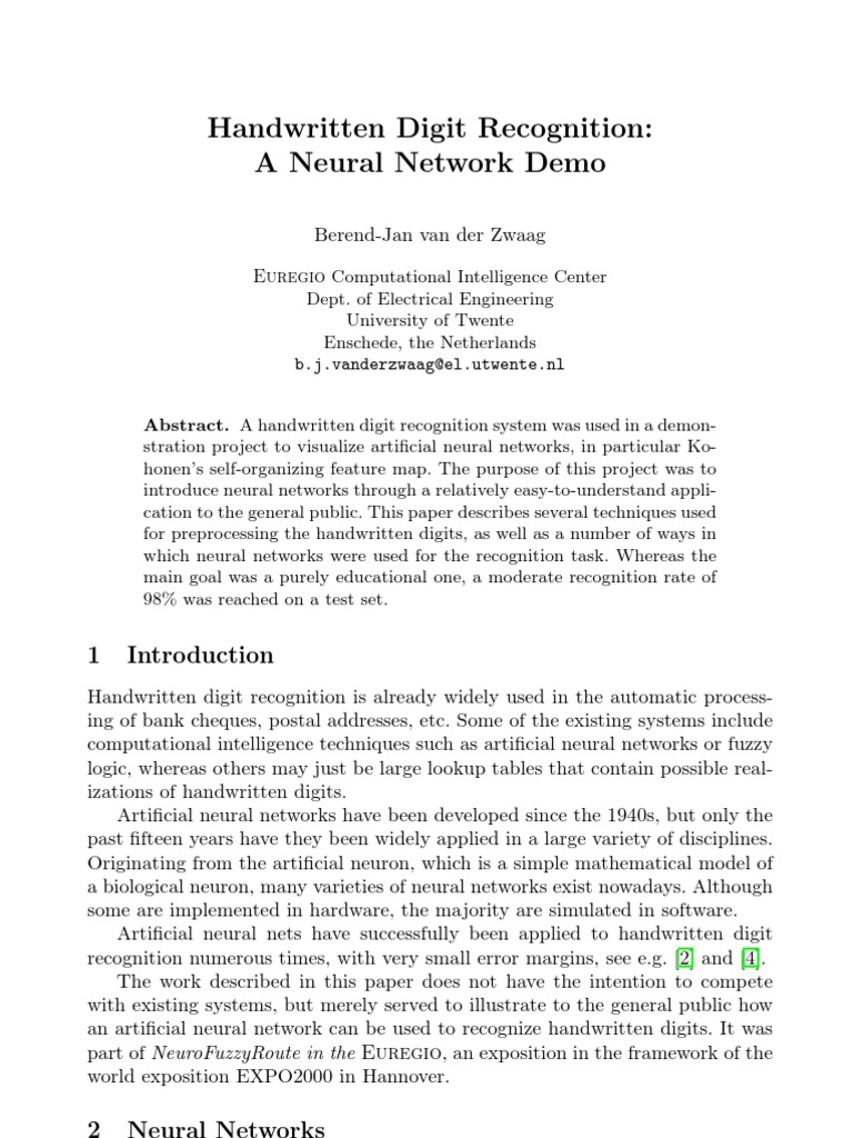 Handwritten Digit Recognition | PDF | Artificial Neural Network ...