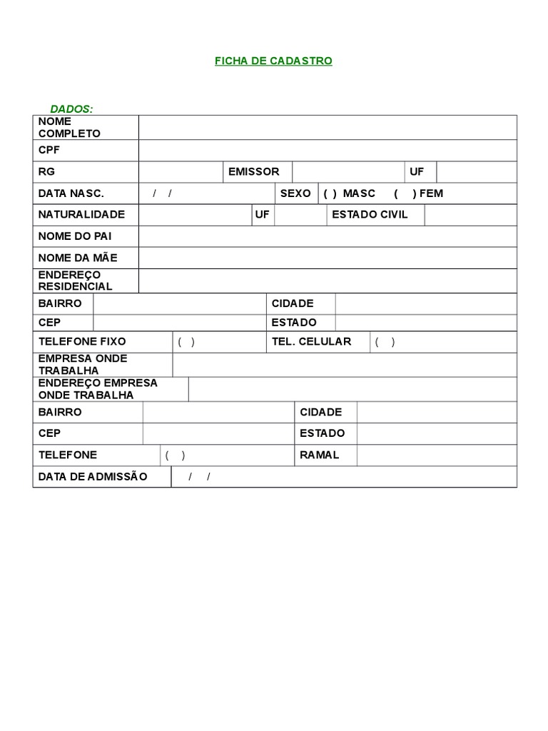 Ficha de Cadastro Pessoal | PDF