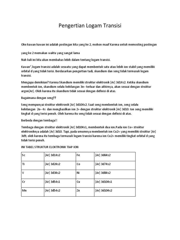 Pengertian Logam Transisi | PDF | Metode & Bahan Ajar | Sains & Matematika