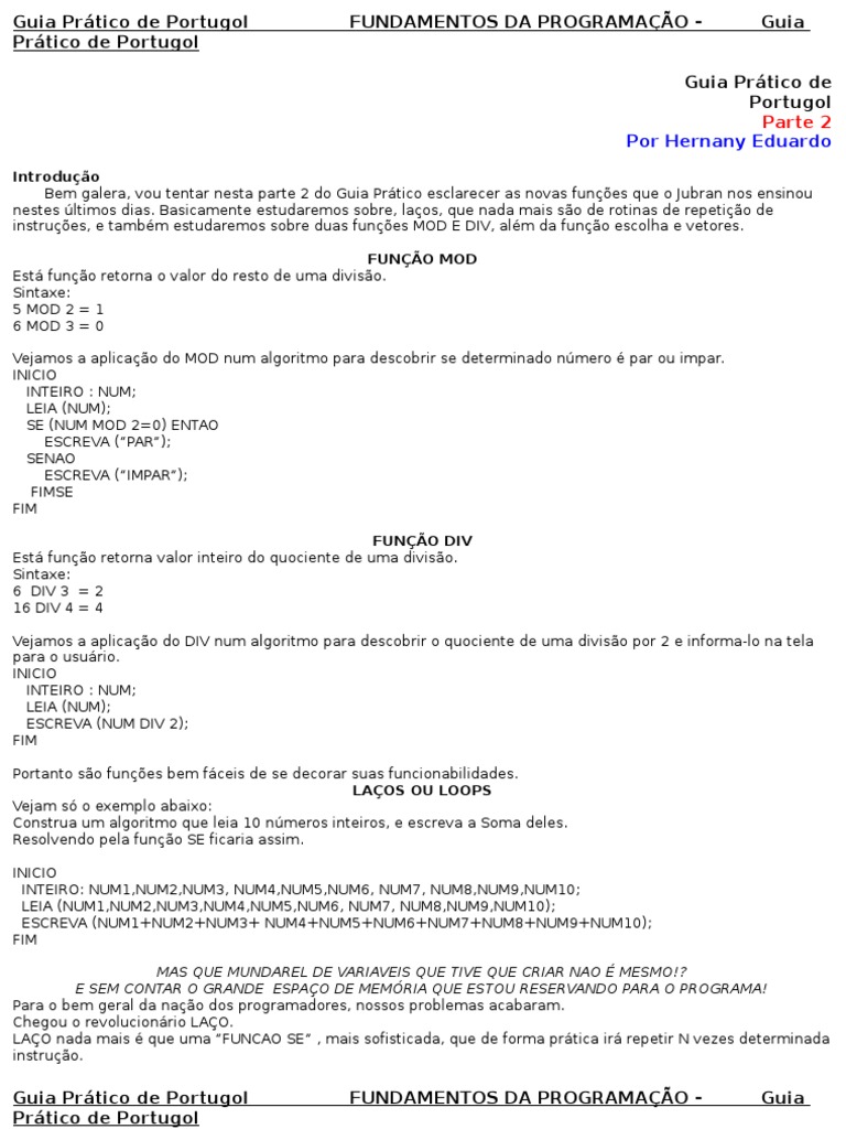 Guia Prtico de Portugol - Parte 2 Guia Prtico de Portugol - Parte 2