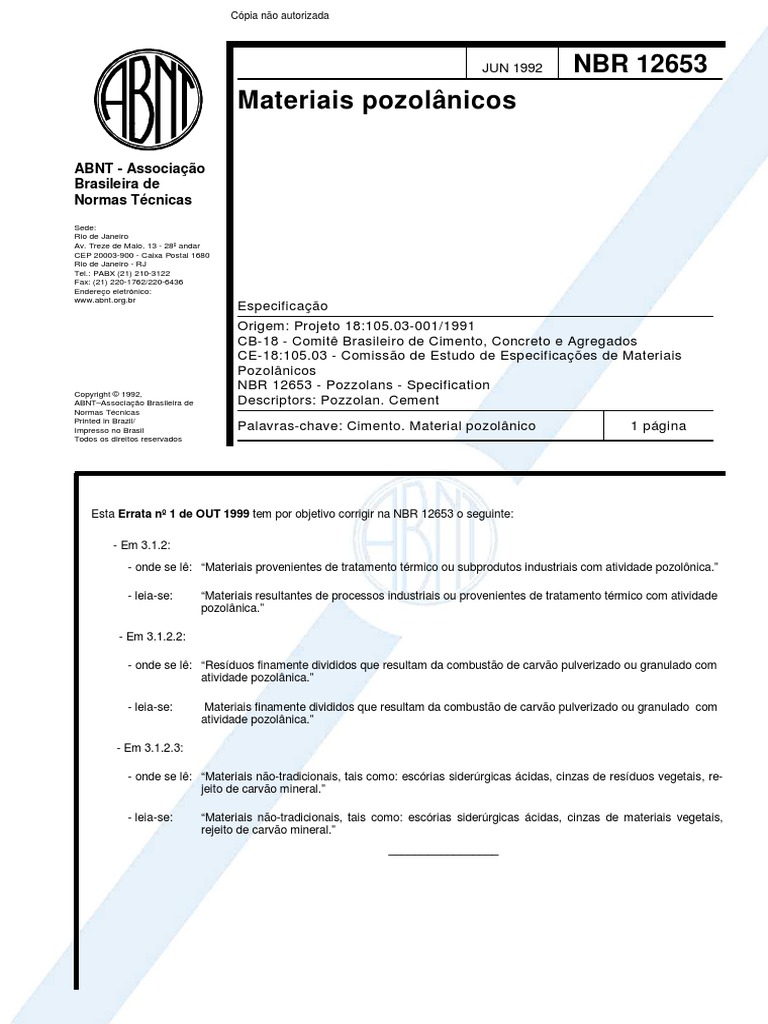 NBR 12653 Materiais Pozolanicos PDF | PDF | Cimento | Processos industriais
