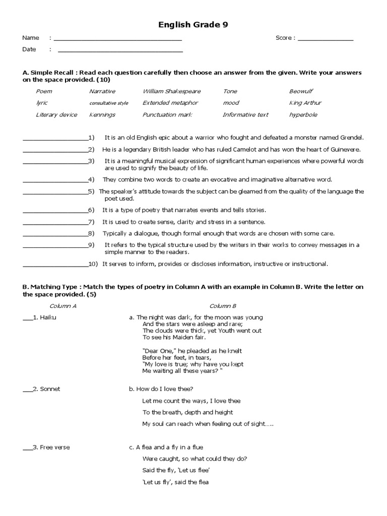 Summer English Grade 9 Exam | PDF | Beowulf | Poetry
