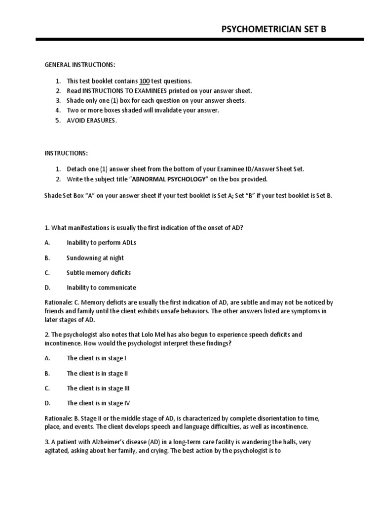 Psychometrician Exam: Abnormal Psychology | PDF | Parkinson's Disease ...