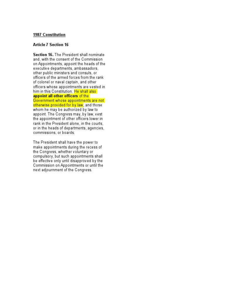 1987 Constitution Article 7 Section 16 Section 16. The President Shall ...
