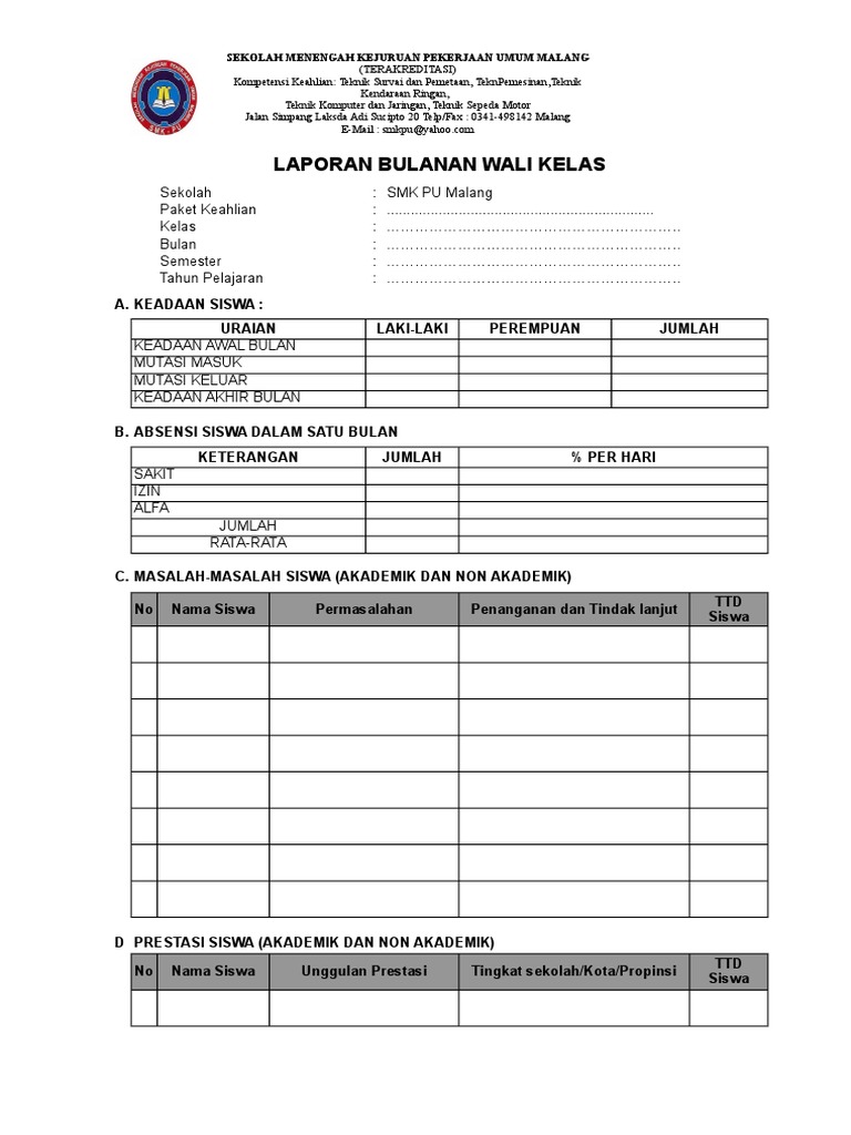 Laporan Bulanan Wali Kelas | PDF