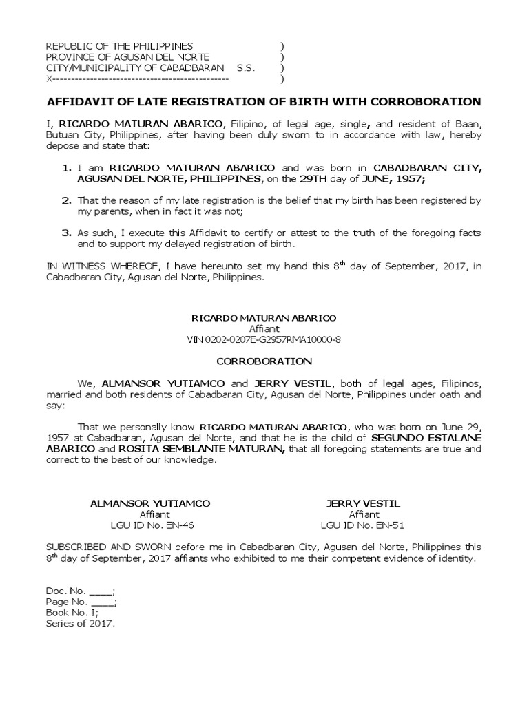 Affidavit of Delayed Registration of Birth (Abarico) | PDF