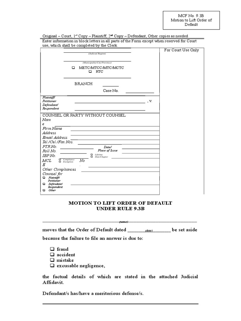 Motion to Lift Default Order Template | PDF | Separation Of Powers ...