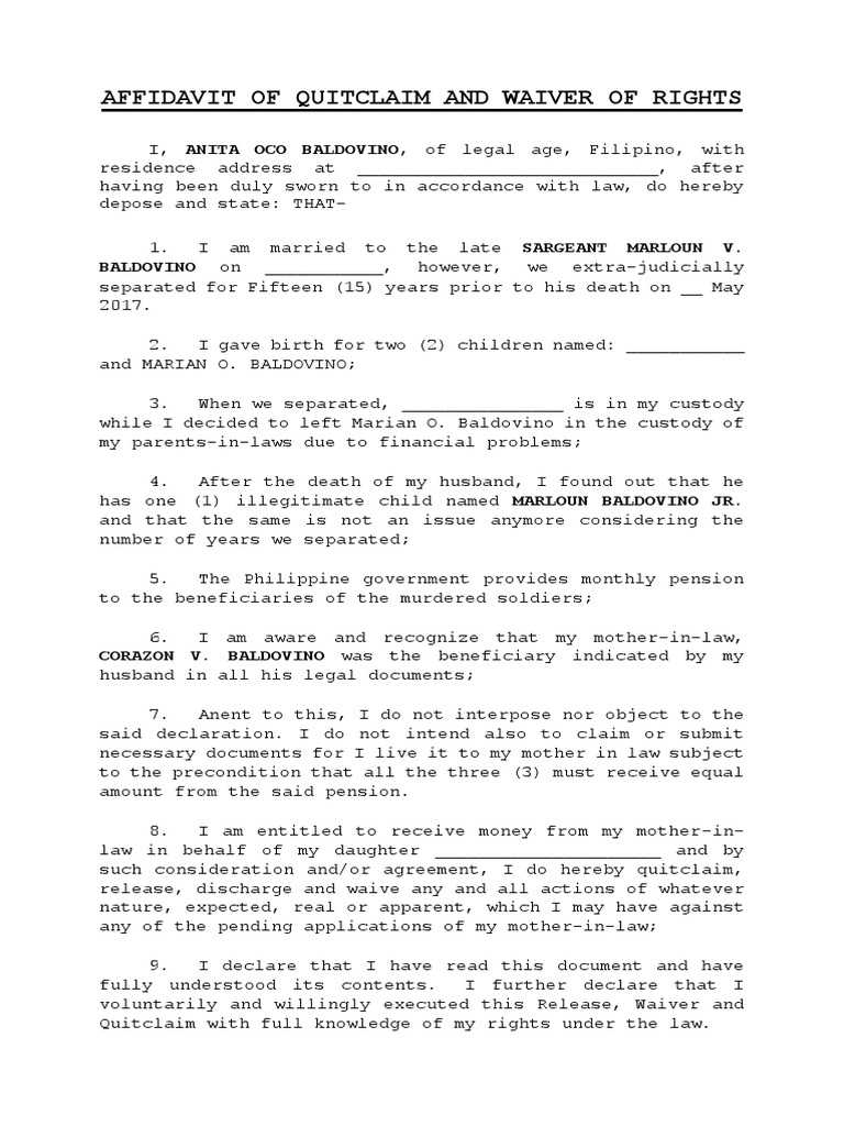 Affidavit of Quitclaim and Waiver of Rights | Notary Public | Civil Law ...