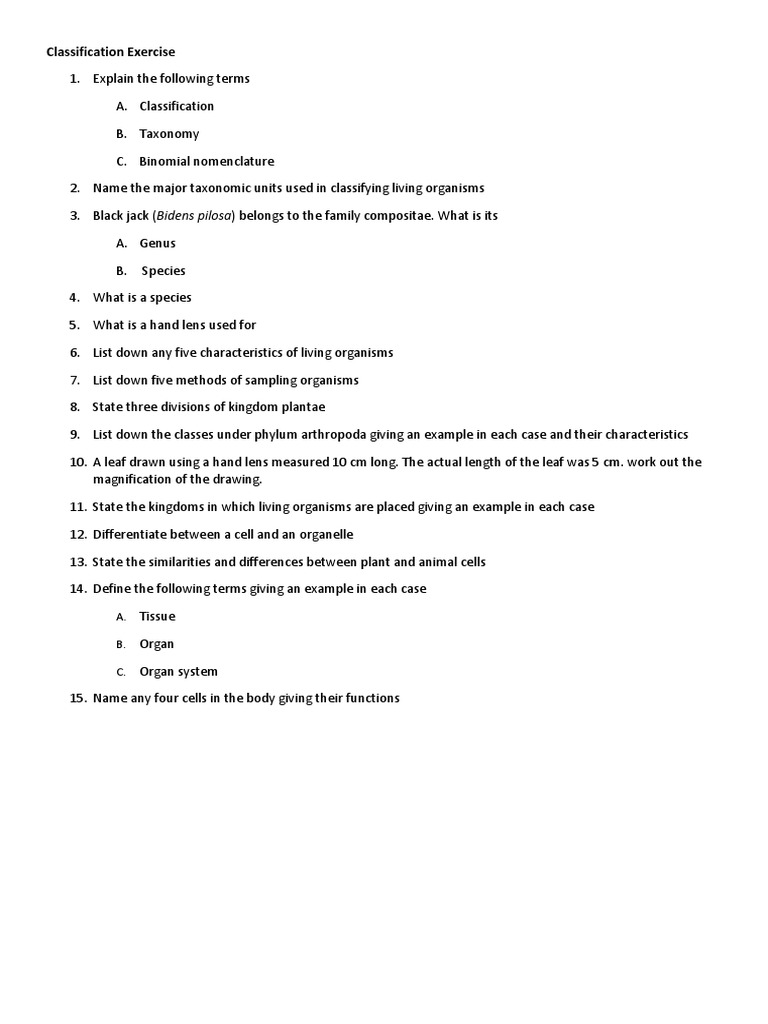 Classification of Living Things Exercise | PDF