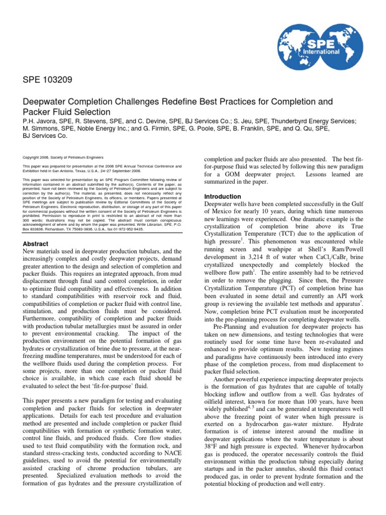 SPE-103209 Completion and Packer Fluid Selection | PDF | Extraction Of ...
