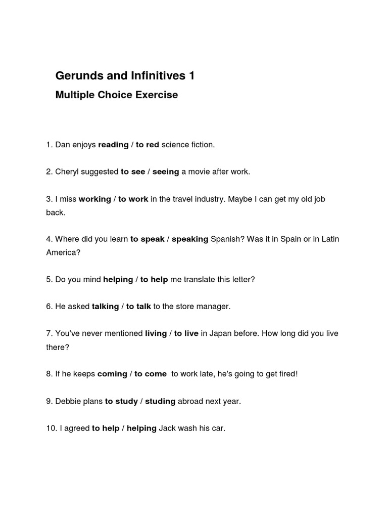 Gerunds and Infinitives 1 y 2 Exercises | PDF