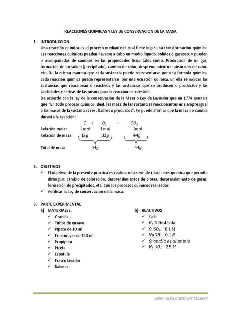 Reacciones Quimicas y Ley de Conservacion de La Masa | Reacciones ...