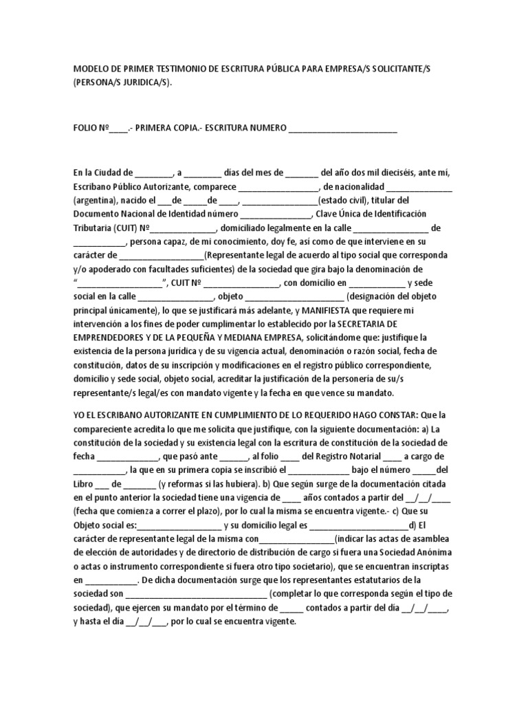 Modelo de Primer Testimonio de Escritura Pública Para Empresa ...