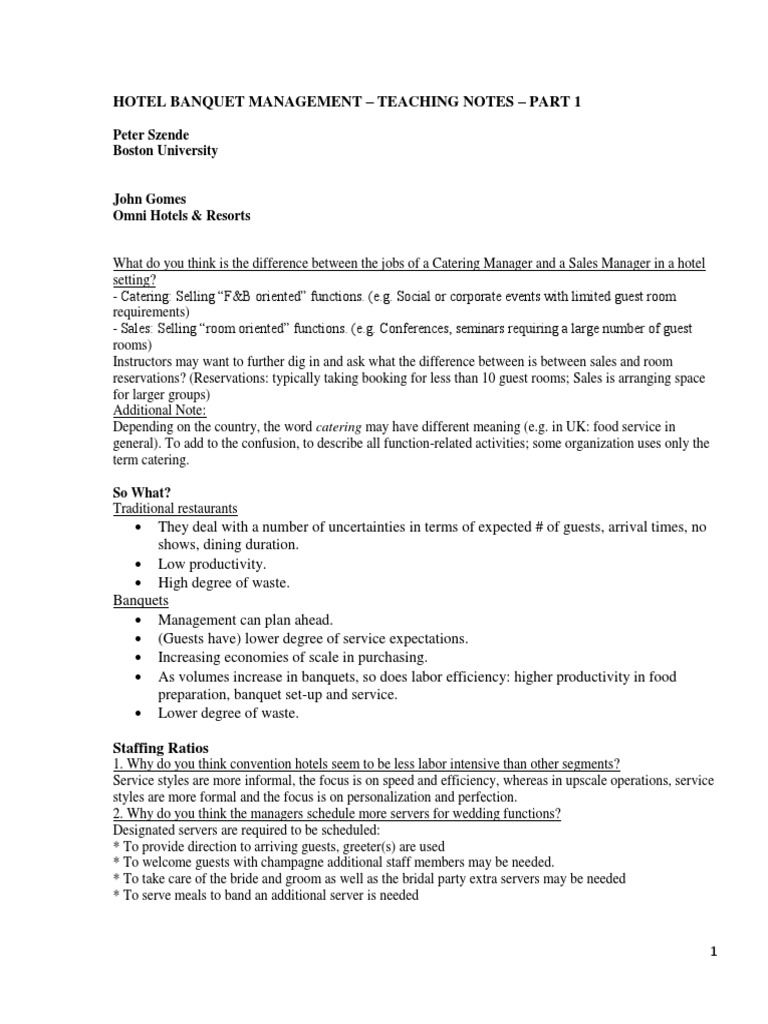 Hotel Banquet Management - Teaching Notes - Part 1: Peter Szende Boston ...