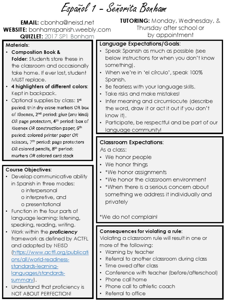 Spanish Class Syllabus - Señorita Bonham | PDF | Homework | Syllabus