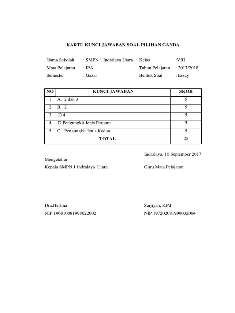 Kartu Kunci Jawaban Soal Pilihan Ganda Bab II | PDF