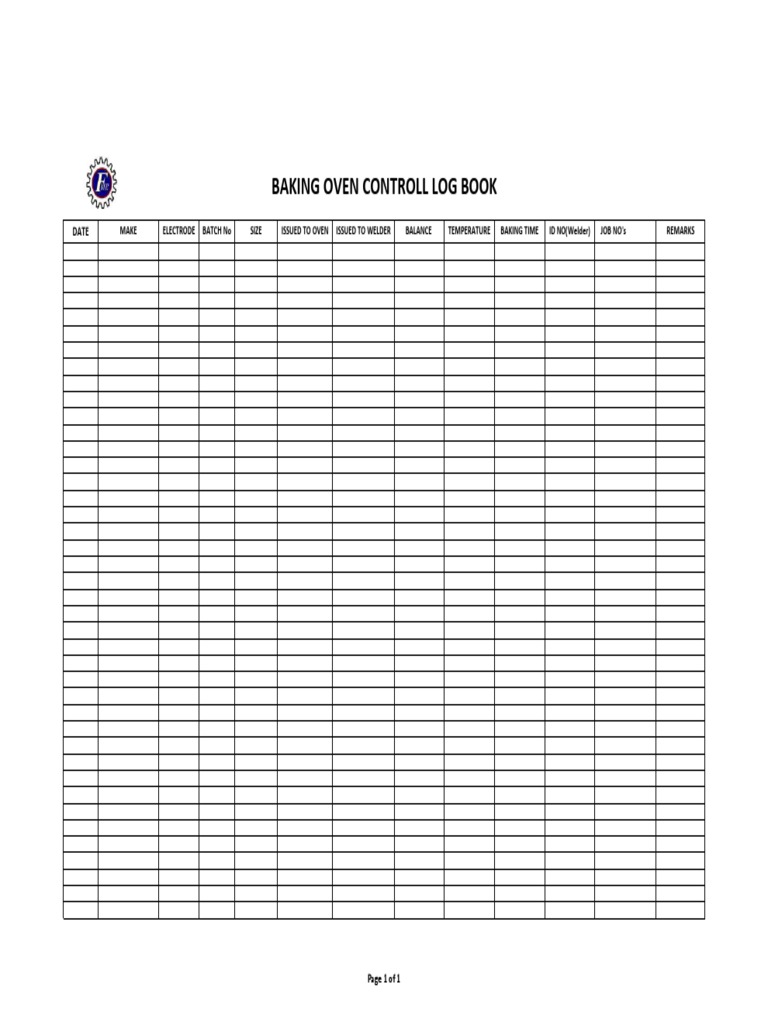 Baking oven control log book entries | PDF