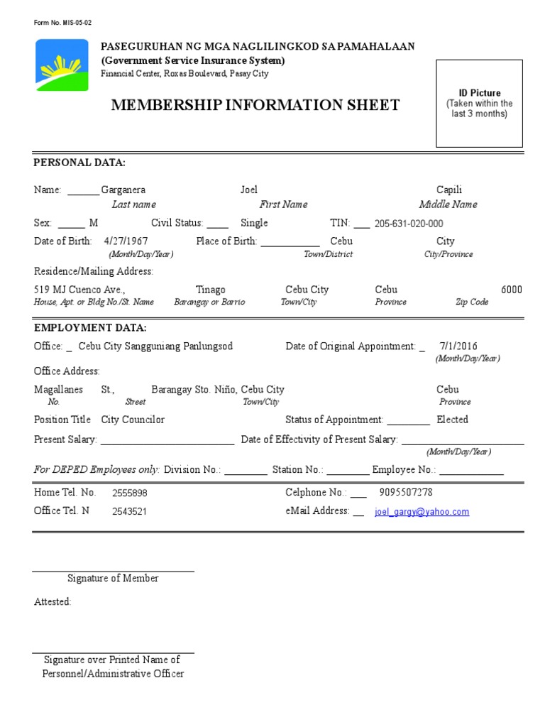 GSIS Membership Form-Jcg | PDF | Public Services | Written Communication