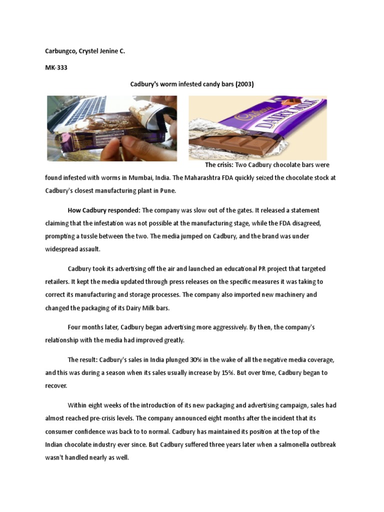 Carbungco, Crystel Jenine C. MK-333 Cadbury's Worm Infested Candy Bars ...