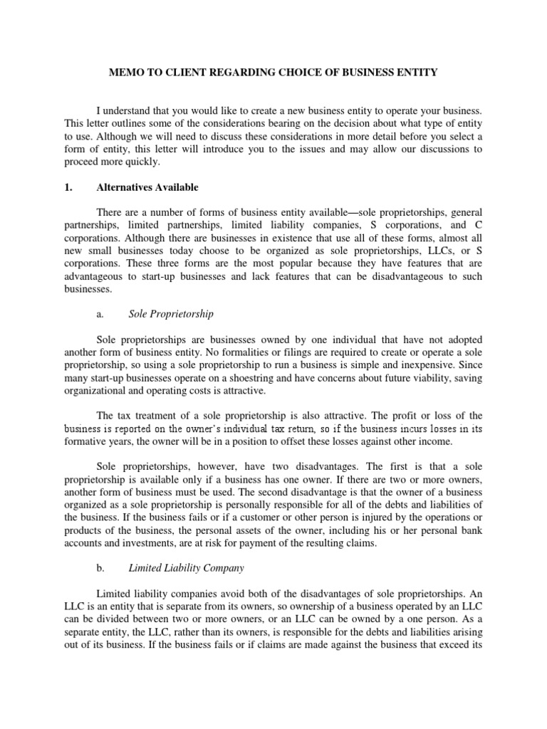 Memo To Client Regarding Choice of Business Entity | PDF | S ...