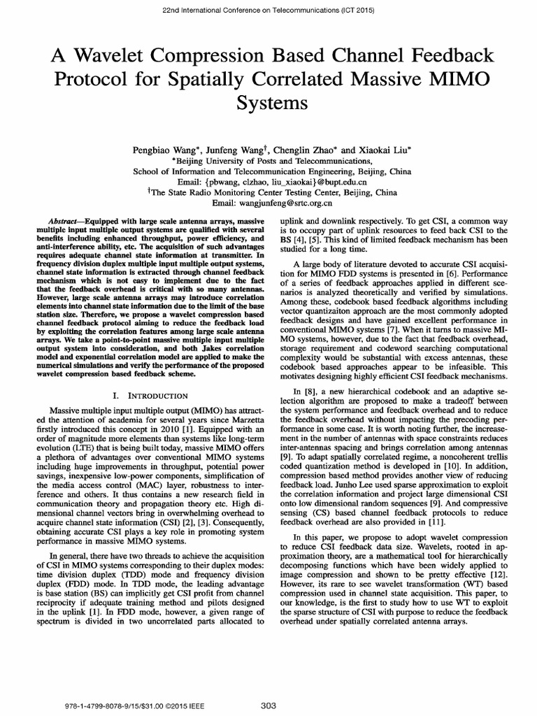 A Wavelet Compression Based Channel Feedback Protocol For Spatially Correlated Massive MIMO ...