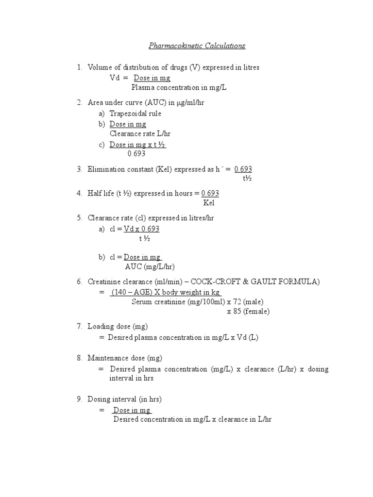Pharmacokinetic Calculations - Formulas | PDF
