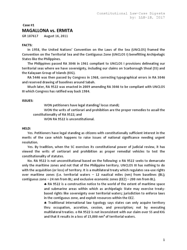 Constitutional Law I Case Digests (Sampler) | PDF | Territorial Waters ...