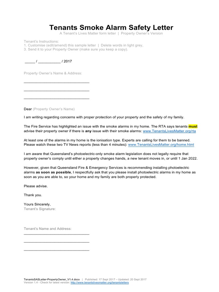 Tenants Smoke Alarm Safety Letter - Property Owners Version | PDF