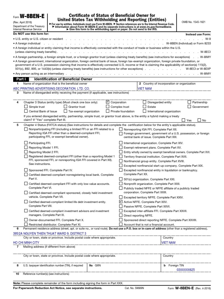 W-8BEN-E Form | PDF | Irs Tax Forms | 501(C) Organization